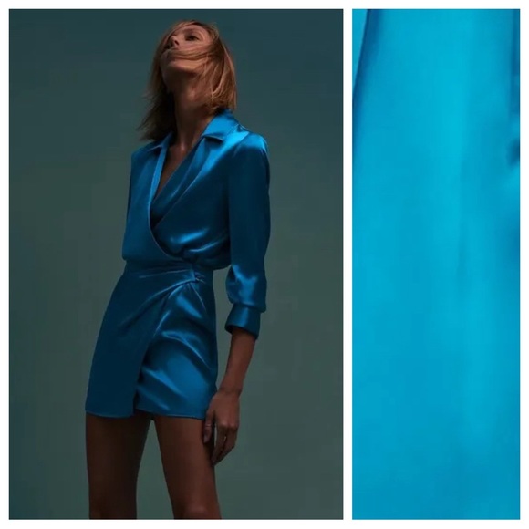 Zara | Dresses | Nwt New Zara Turquoise Blue Satin Effect Wrap Dress ...